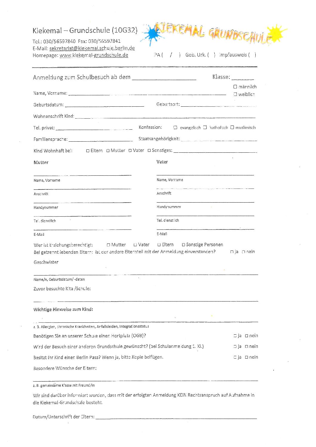 Anmeldebogen der Kiekemal-Grundschule – Kiekemal – Grundschule